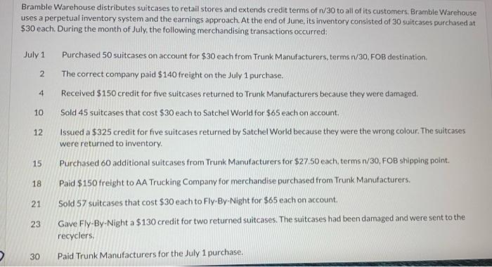 Solved Bramble Warehouse distributes suitcases to retail | Chegg.com