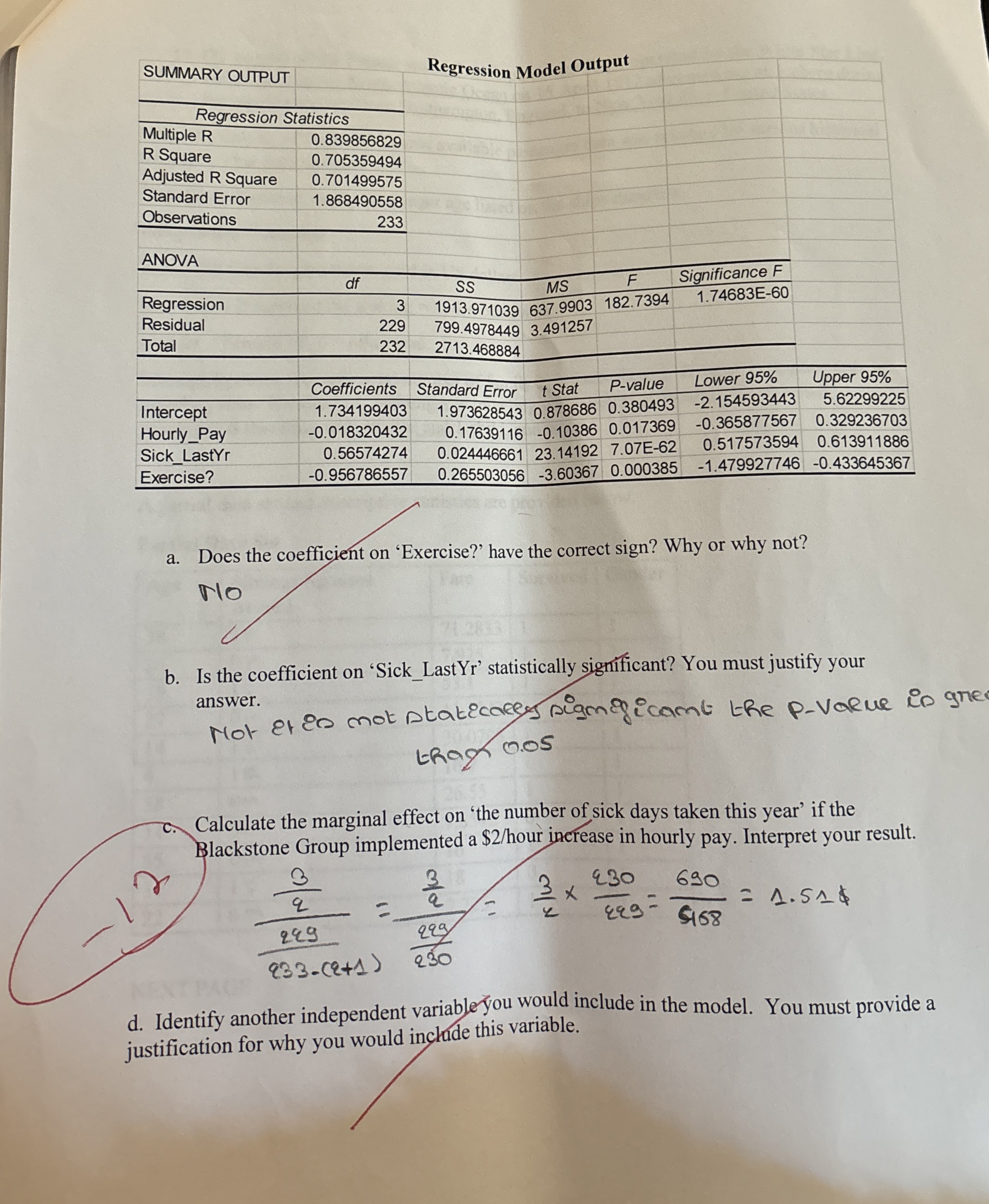 Solved a. ﻿Does the coefficient on 'Exercise?' ﻿have the | Chegg.com