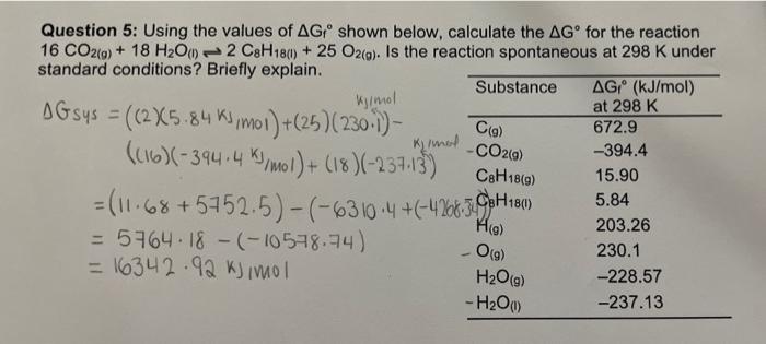 Solved Klimat Clo) -CO2) Question 5: Using the values of AG | Chegg.com
