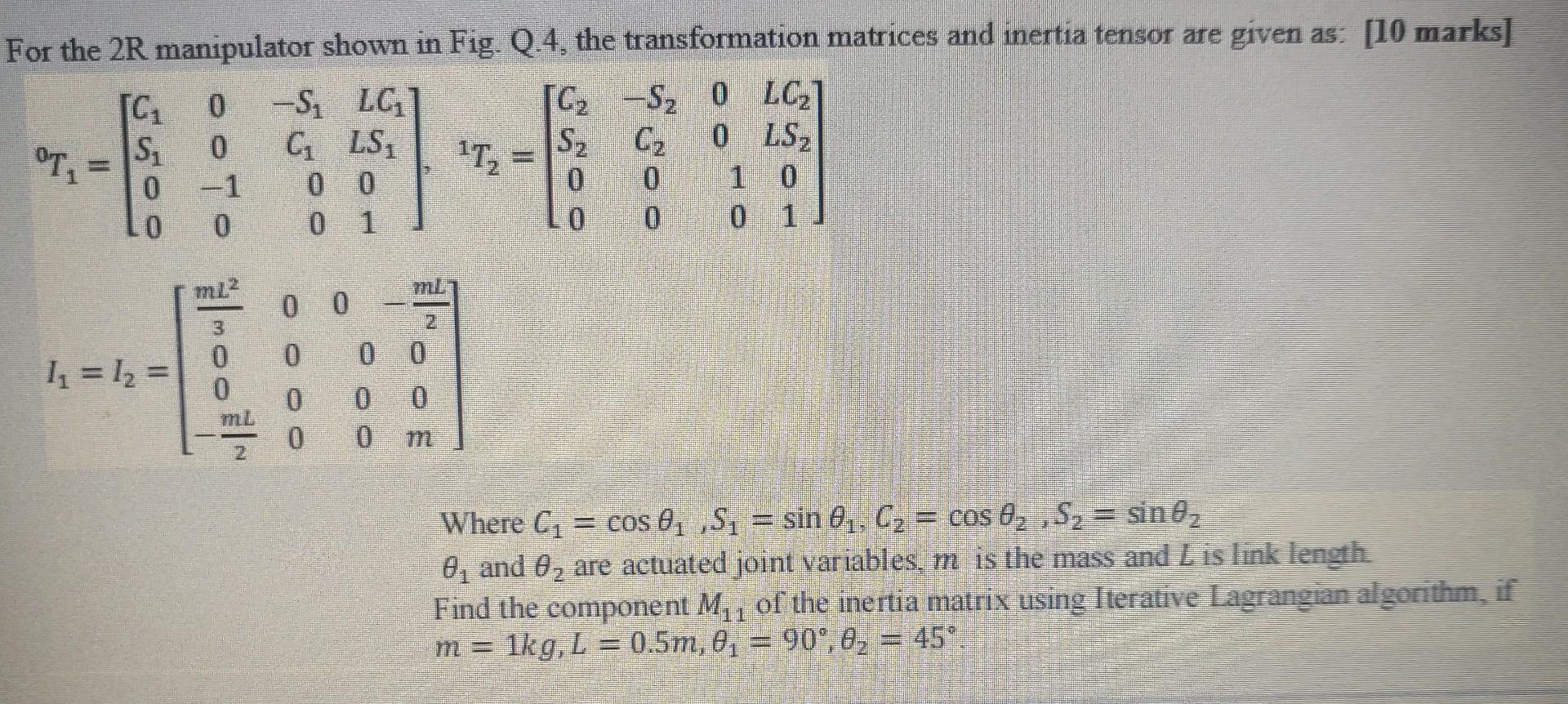 For the 2R manipulator shown in Fig. Q.4, the | Chegg.com