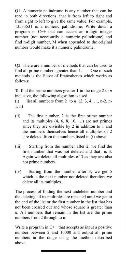 Solved Q1 A Numeric Palindrome Is Any Number That Can Be 