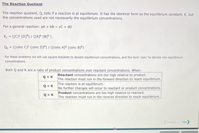 Solved The reaction quotient, Q, tells if a reaction is at | Chegg.com