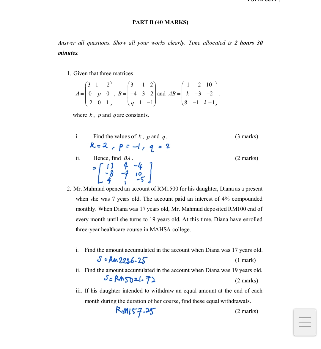Solved PART B (40 ﻿MARKS)Answer all questions. Show all your | Chegg.com