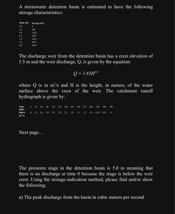 Solved A stormwater detention basin is estimated to have the | Chegg.com