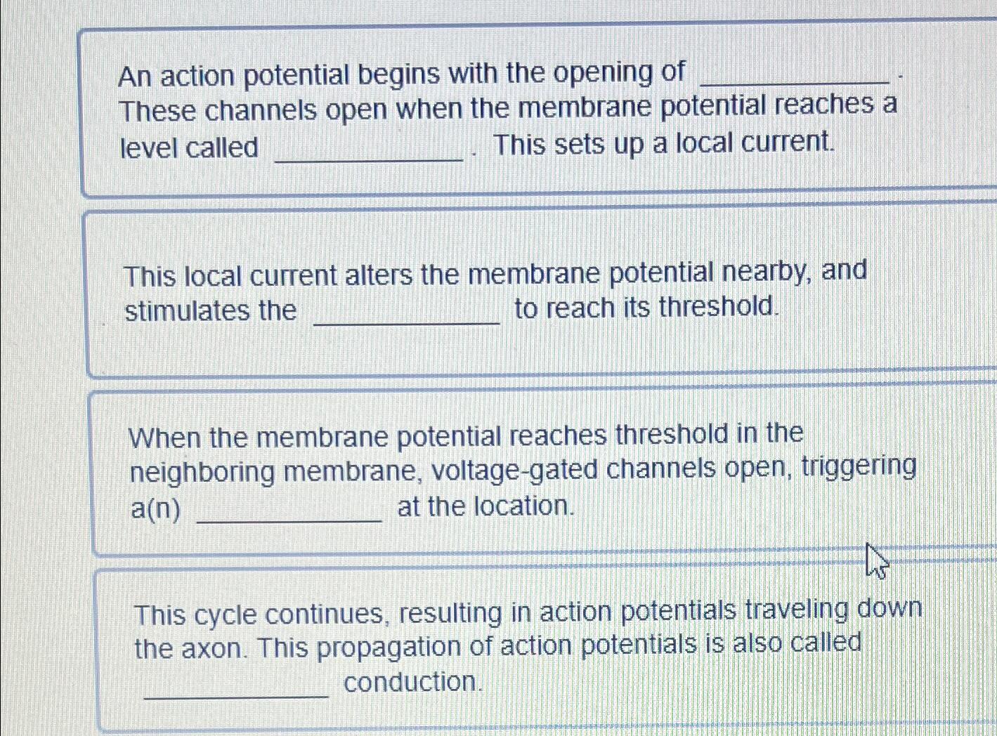 Solved An action potential begins with the opening of These | Chegg.com