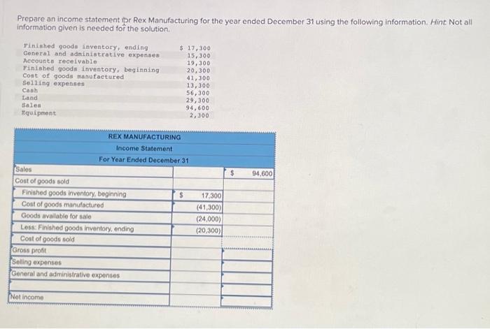 Solved Prepare an income statement thr Rex Manufacturing for | Chegg.com