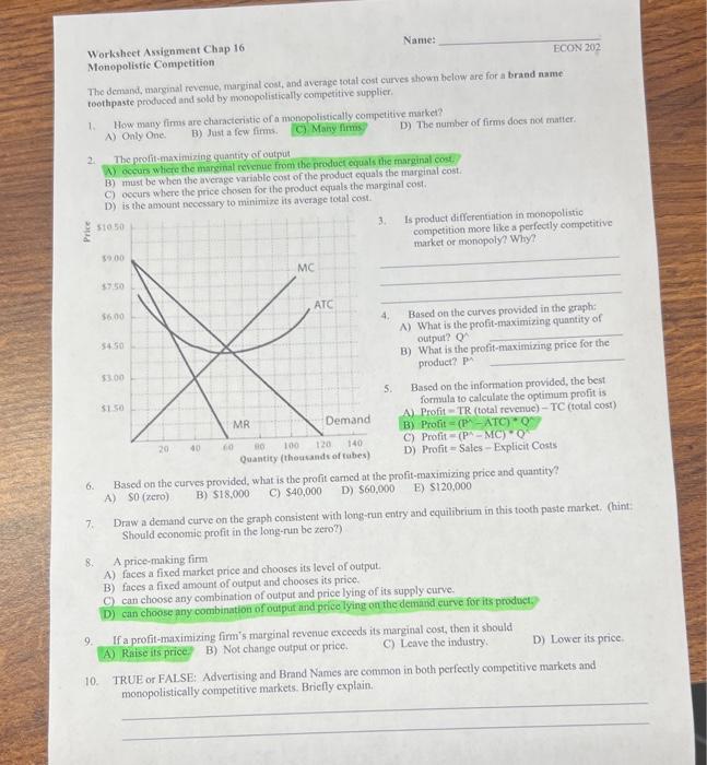 Worksheet Assignment Chap 16 Monopolistic Competition | Chegg.com