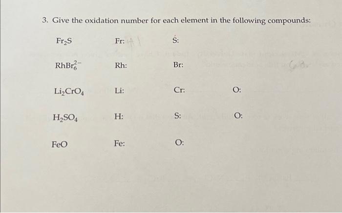 Solved 3. Give the oxidation number for each element in the | Chegg.com
