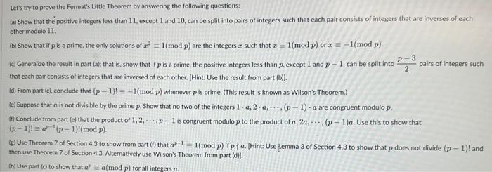 Solved Let's try to prove the Fermat's Little Theorem by | Chegg.com