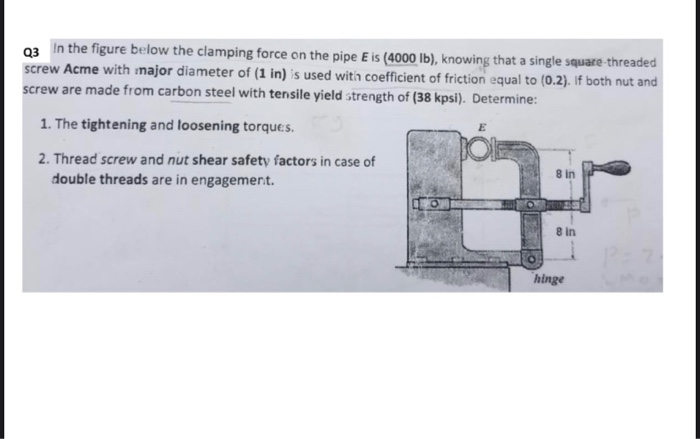 Solved Q3 In the figure below the clamping force on the pipe | Chegg.com