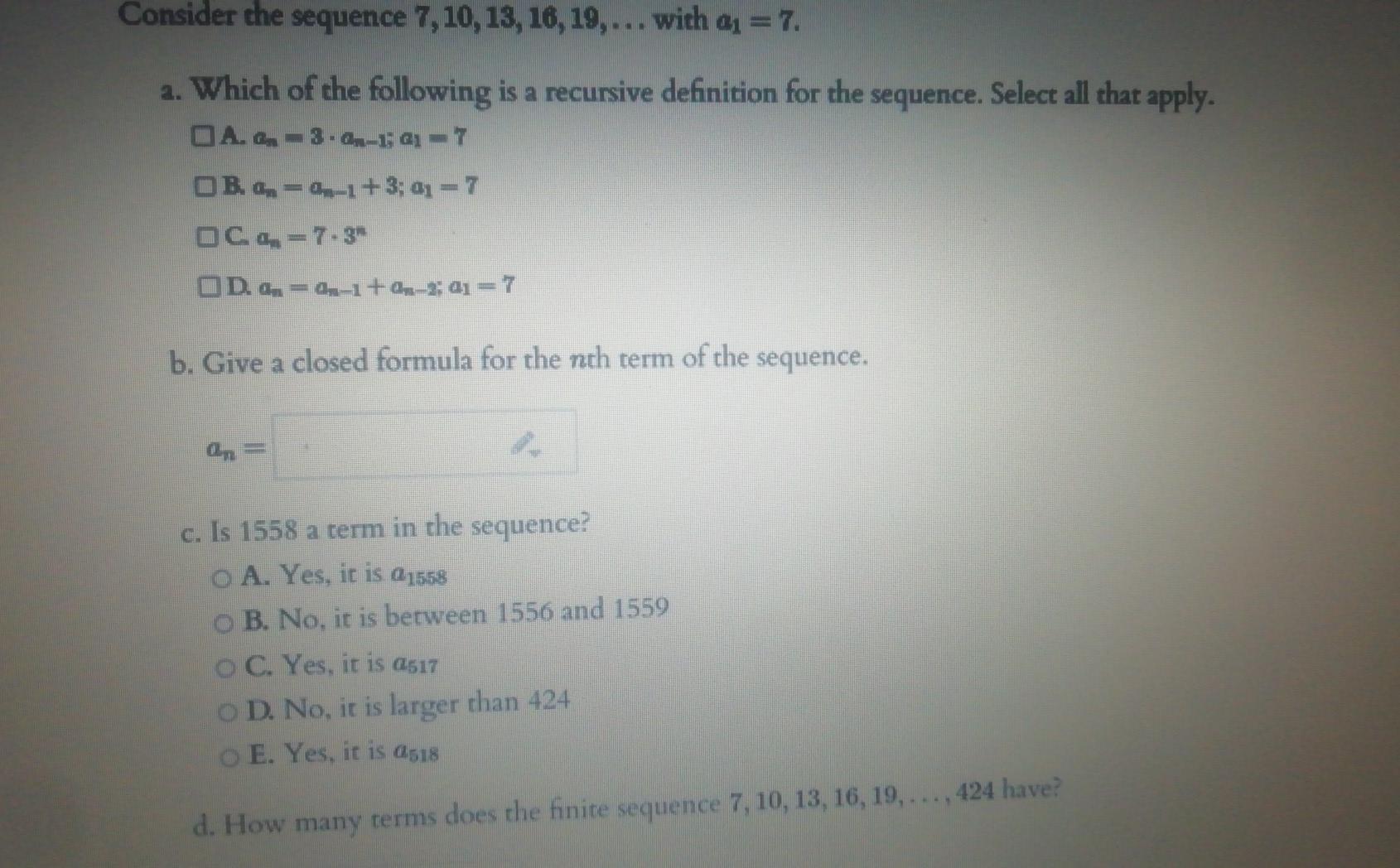 Solved Consider the sequence 7, 10, 13, 16, 19, ... with Q1 | Chegg.com