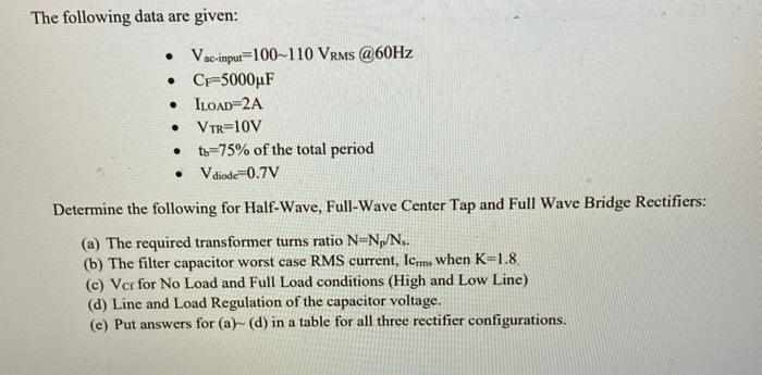 Solved The following data are given: • Vac-input-100-110 | Chegg.com