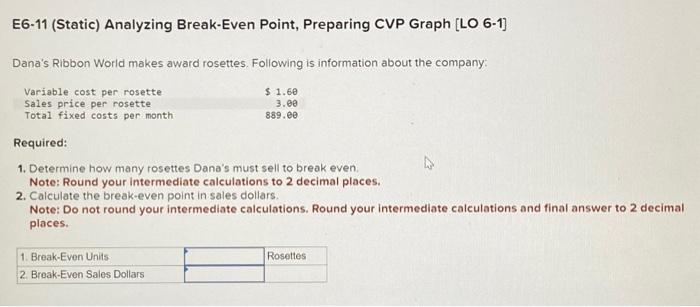 Solved E6-11 (Static) Analyzing Break-Even Point, Preparing | Chegg.com
