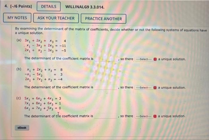 Solved By examining the determinant of the matrix of | Chegg.com