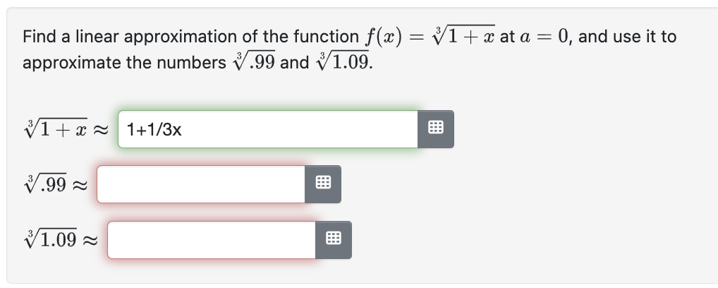 Solved Find a linear approximation of the function f(x)=1+x3 | Chegg.com