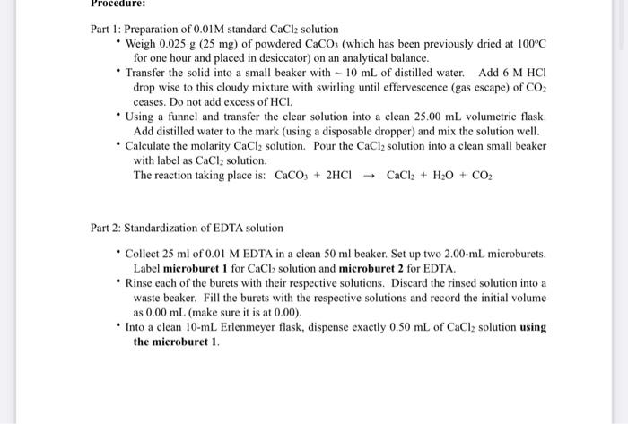 Part 1: Preparation of 0.01M standard CaCl2 solution | Chegg.com