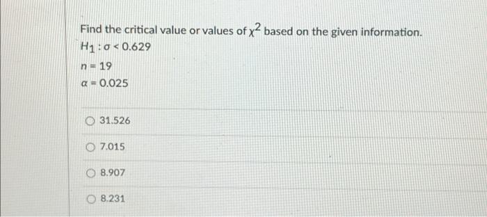 Solved Find the critical value or values of x² based on the | Chegg.com