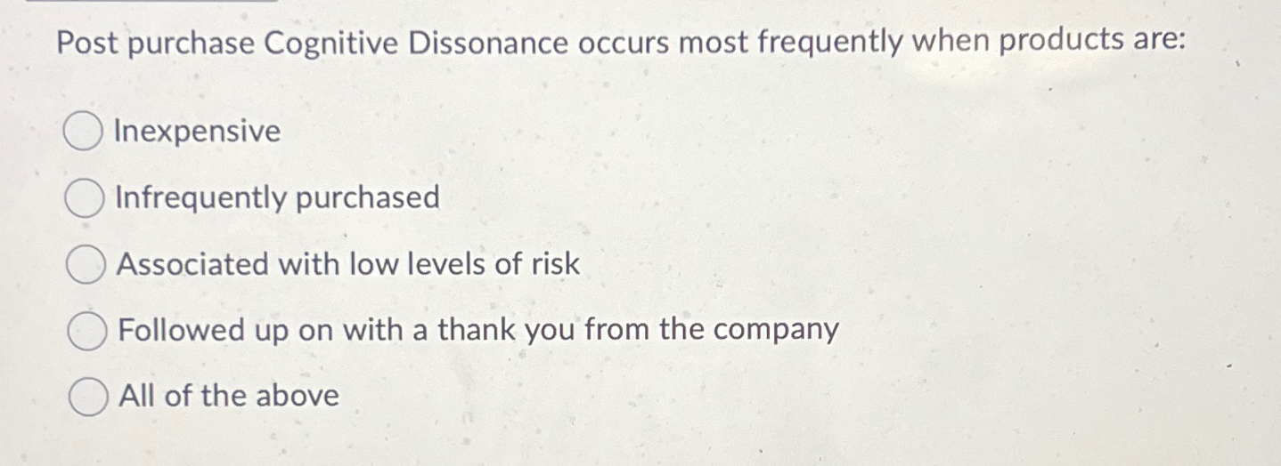 Solved Post purchase Cognitive Dissonance occurs most | Chegg.com