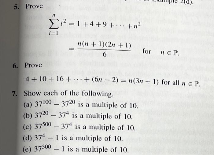 Solved 5. Prove i=1∑ni2=1+4+9+⋯+n2=6n(n+1)(2n+1) for n∈P 6. | Chegg.com