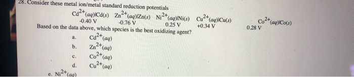 Solved 28. Consider these metal ion/metal standard reduction | Chegg.com