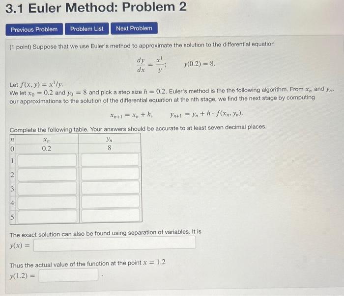 Solved (1 point) Let y(t) be the solution to y˙=7te−y | Chegg.com
