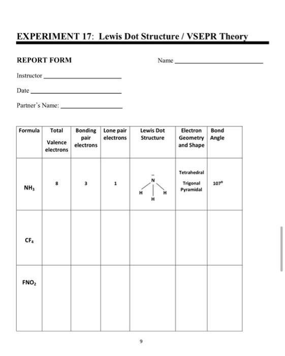 Solved EXPERIMENT 17: Lewis Dot Structure / VSEPR Theory | Chegg.com