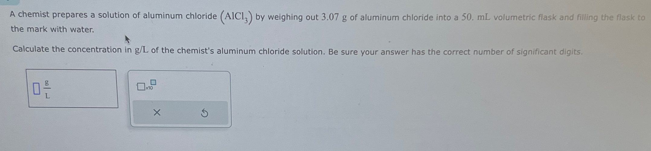 Solved A chemist prepares a solution of aluminum chloride | Chegg.com