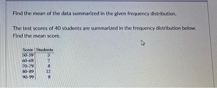 Solved Find the mean of the data summarized in the given | Chegg.com