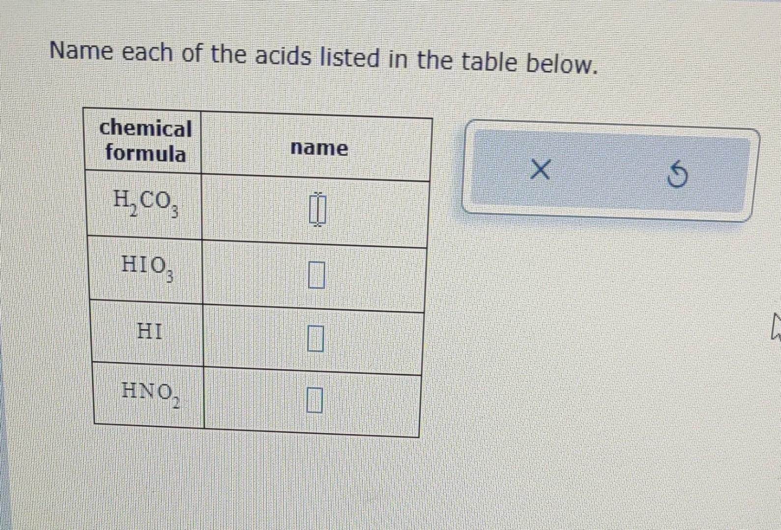Name each of the acids listed in the table below. | Chegg.com