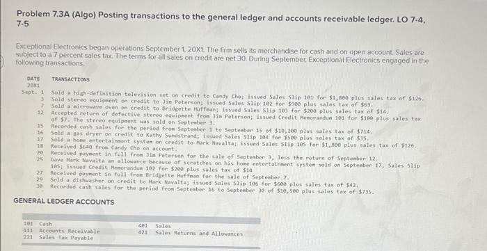 [Solved]: Problem 7.3A (Algo) Posting transactions to the g