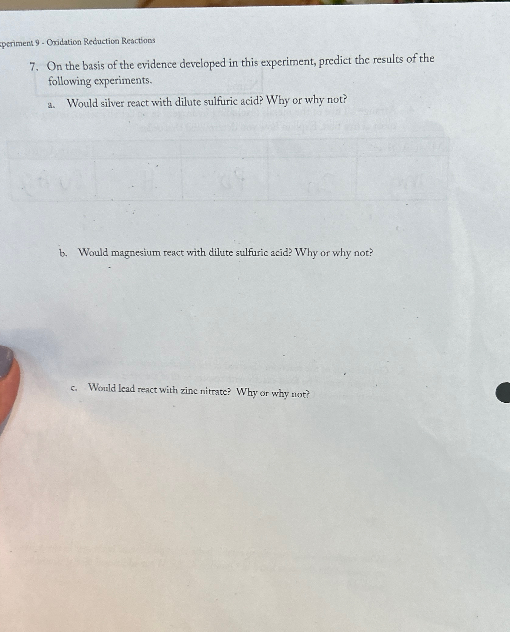 Solved periment 9 - ﻿Oxidation Reduction Reactions7. ﻿On the | Chegg.com