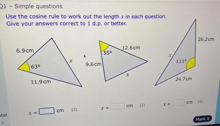 Solved 21- Simple questions Use the cosine rule to work out | Chegg.com