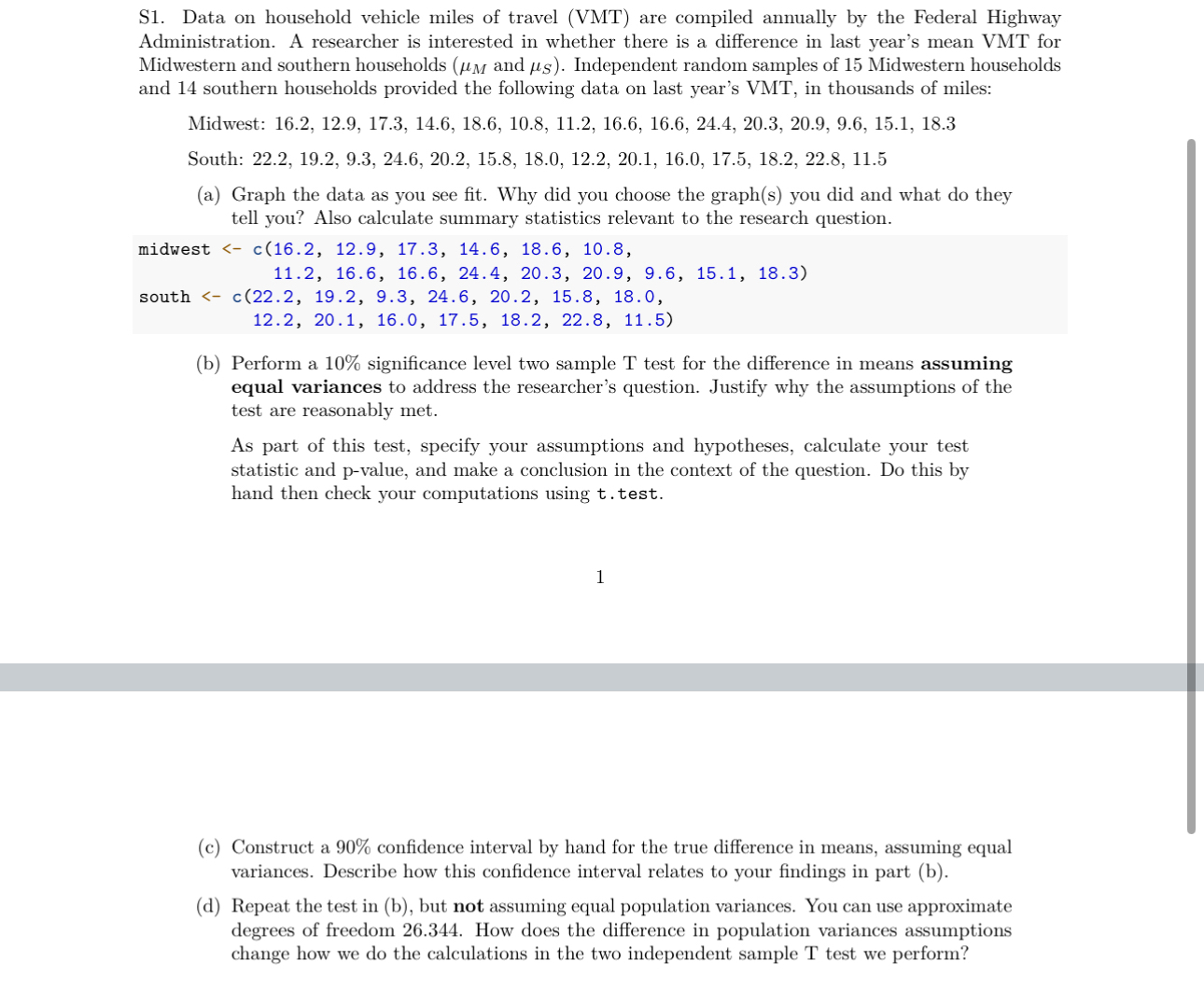 Solved S1. ﻿Data on household vehicle miles of travel (VMT) | Chegg.com