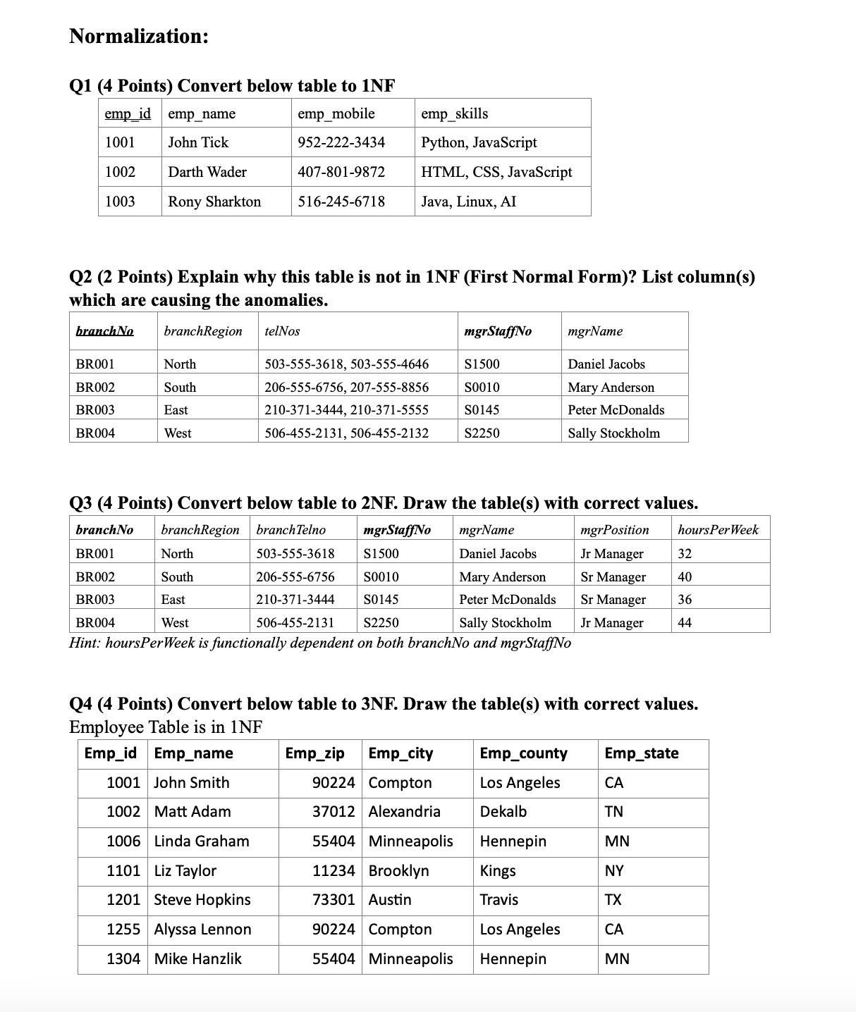 Solved Normalization:Q1 (4 ﻿Points) ﻿Convert below table to | Chegg.com
