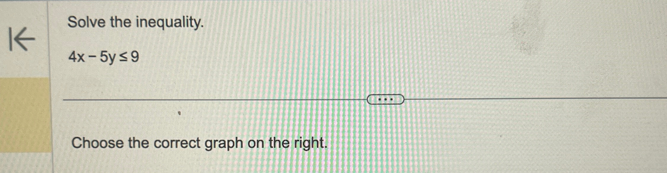 Solved Solve the inequality.4x-5y≤9Choose the correct graph | Chegg.com