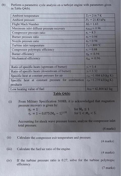 Solved (b) Perform a parametric cycle analysis on a turbojet | Chegg.com