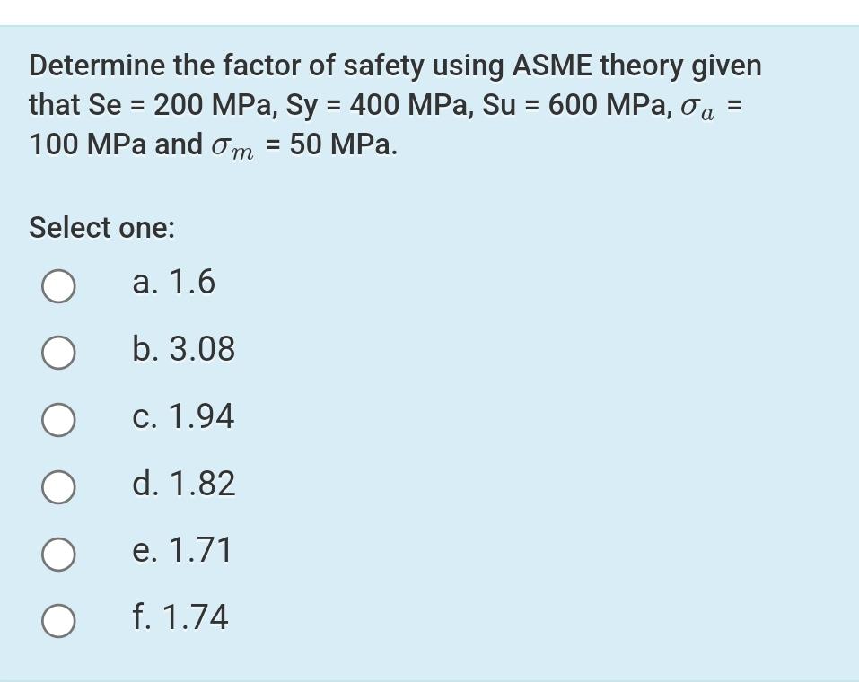 Solved Determine the factor of safety using ASME theory | Chegg.com