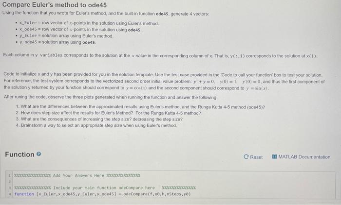 Compare Euler's method to ode45 Using the function | Chegg.com