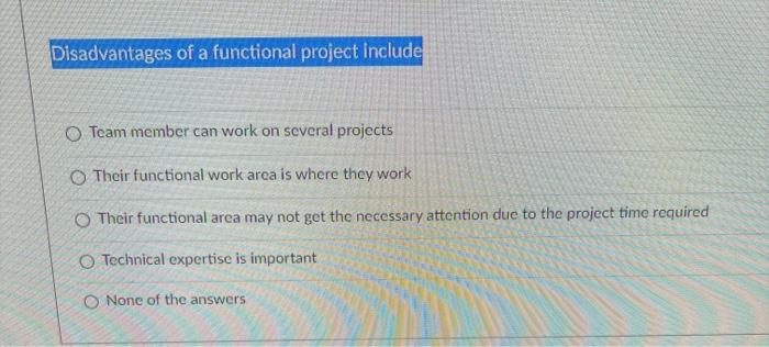 Solved Disadvantages of a functional project include Team | Chegg.com