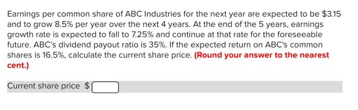 Solved Earnings per common share of ABC Industries for the | Chegg.com