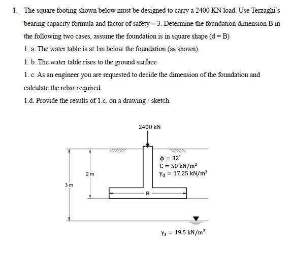 Solved 1. The square footing shown below must be designed to | Chegg.com