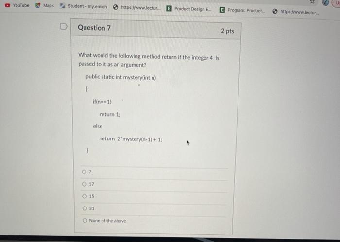 Solved D Question 5 1 pts A recursive implementation of an | Chegg.com