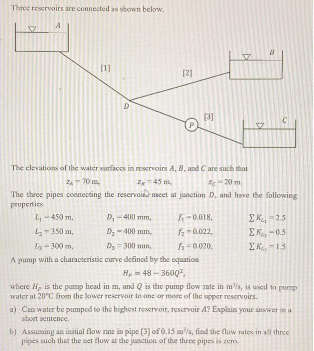 Solved Three reservoirs are connected as shown below. The | Chegg.com