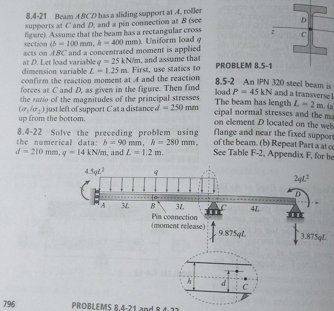 Solved 8.4-21 Beam ABCD has a sliding support at A, roller | Chegg.com