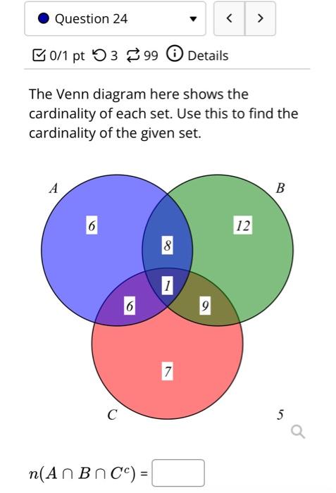 Solved The Venn diagram here shows the cardinality of each | Chegg.com