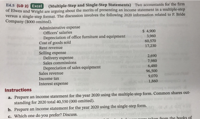 Solved E4.5 (LO 2) Excel (Multiple-Step and Single-Step | Chegg.com