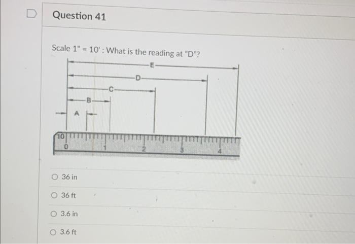 Solved Scale 1"=10′: : What is the reading at "D"? 36 in | Chegg.com