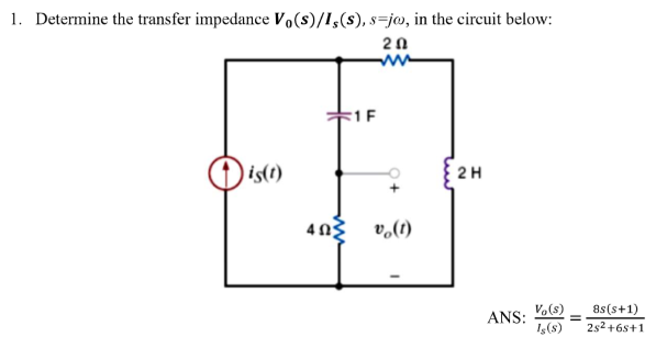 Solved Determine the transfer impedance V0sIs(s),s=jω, ﻿in | Chegg.com