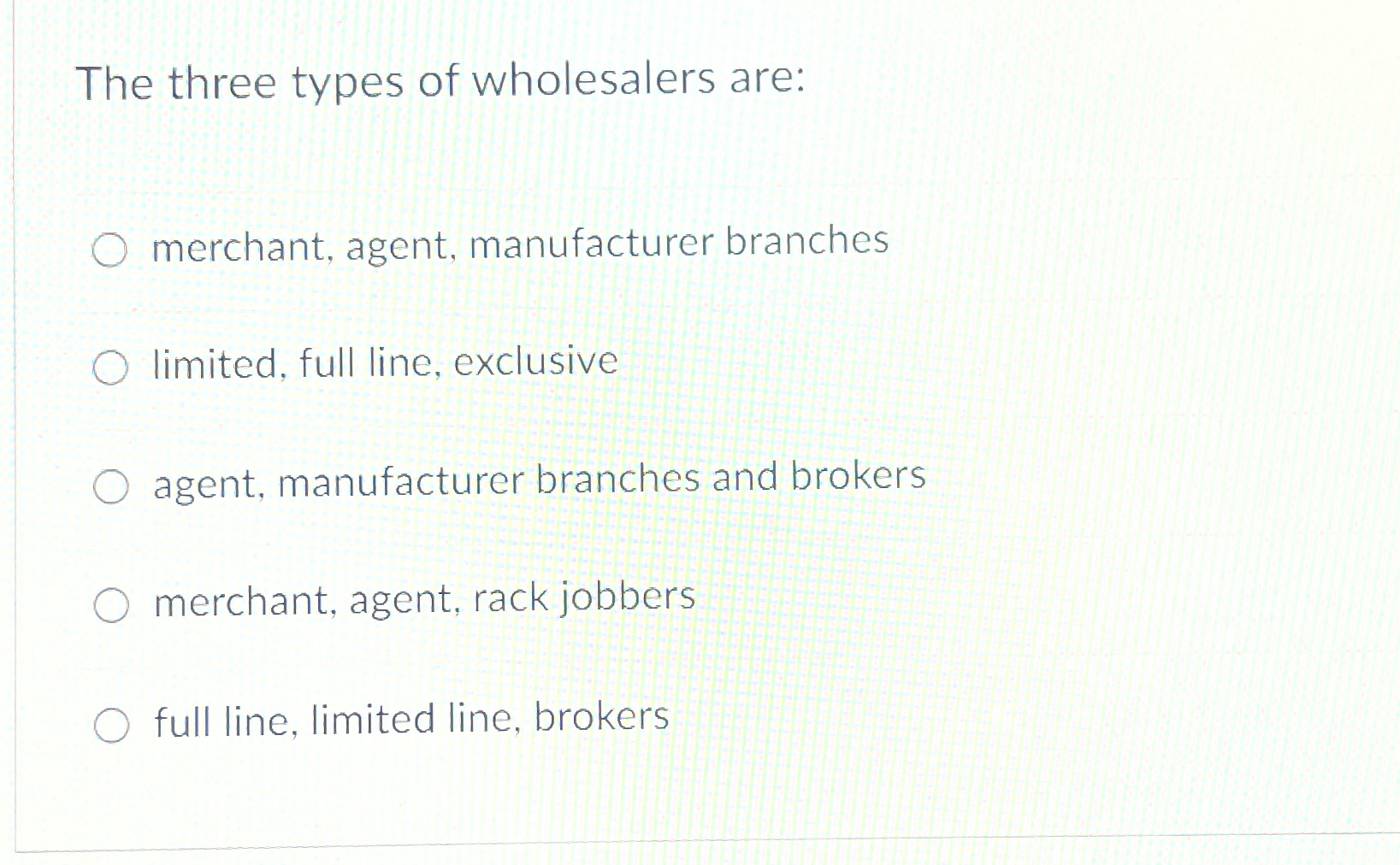 Solved The three types of wholesalers are:merchant, agent, | Chegg.com