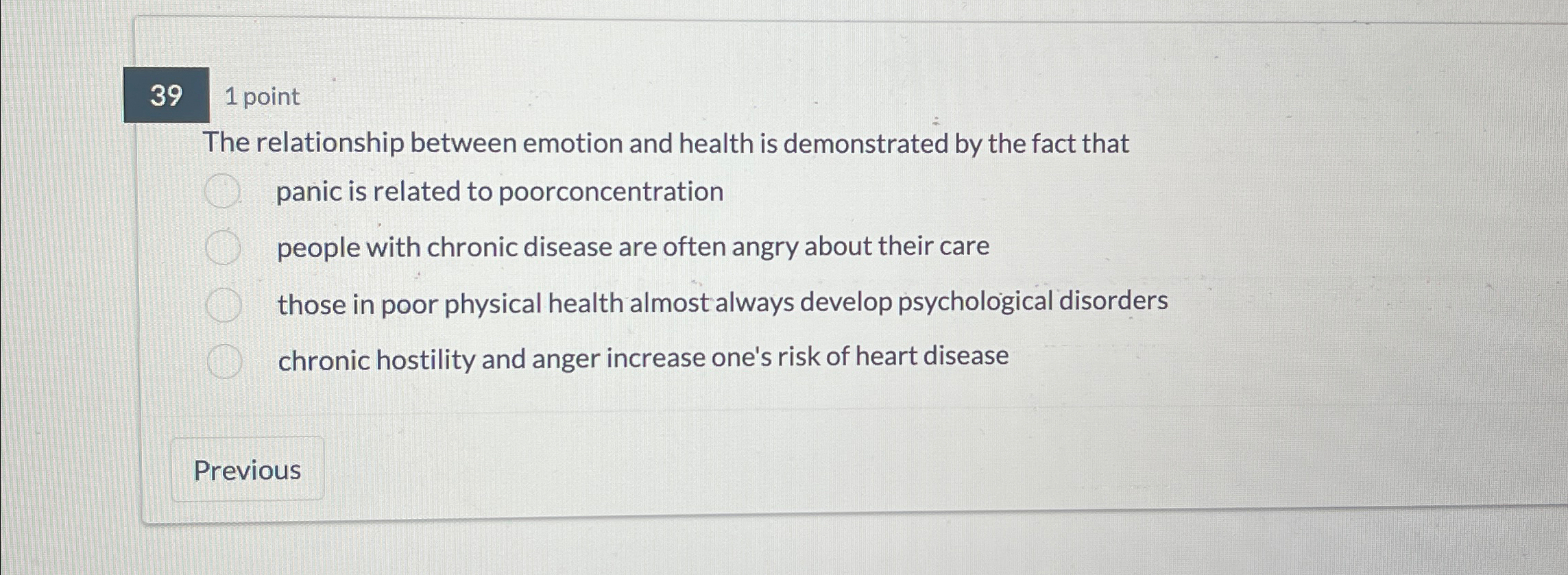 Solved 1 ﻿pointThe relationship between emotion and health | Chegg.com